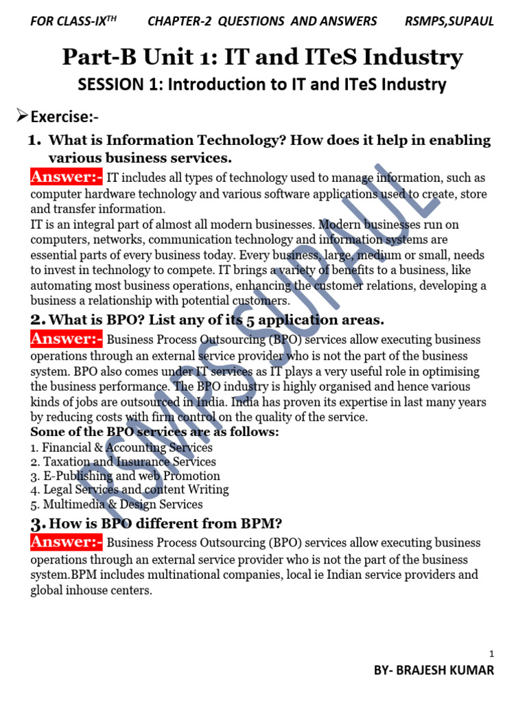 Class-9 PART-B Ch-1 Q&A Brajesh Kumar | PDF | Outsourcing | Educational Technology
