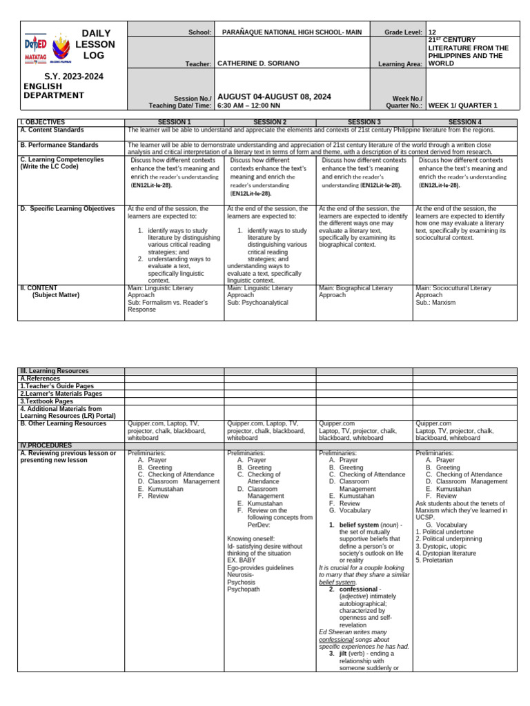 DLL Q1 - SEM 1 Week 2 | PDF