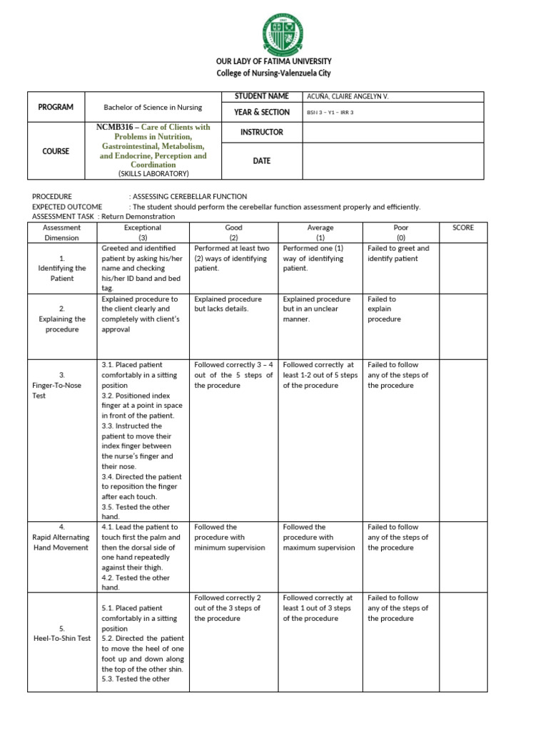 NCMB316 RLE RUBRIC Assessing Cerebellar Function | PDF