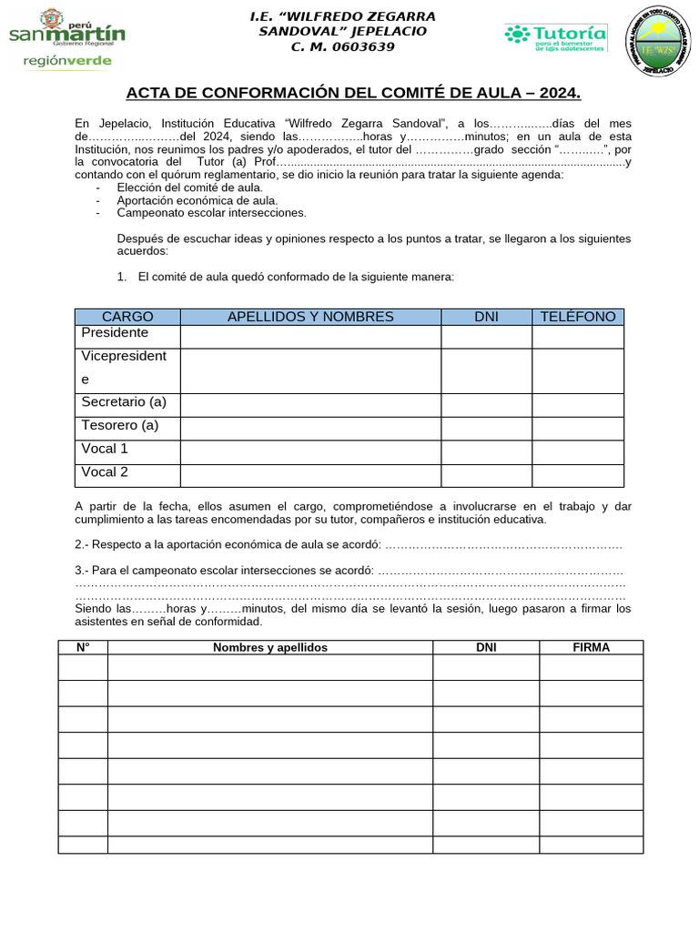 ACTA DE CONFORMACIÓN DEL COMITÉ DE AULA | PDF