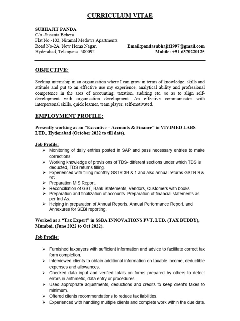 Subhajit Panda - Accounting CV | PDF | Taxes | Career & Growth