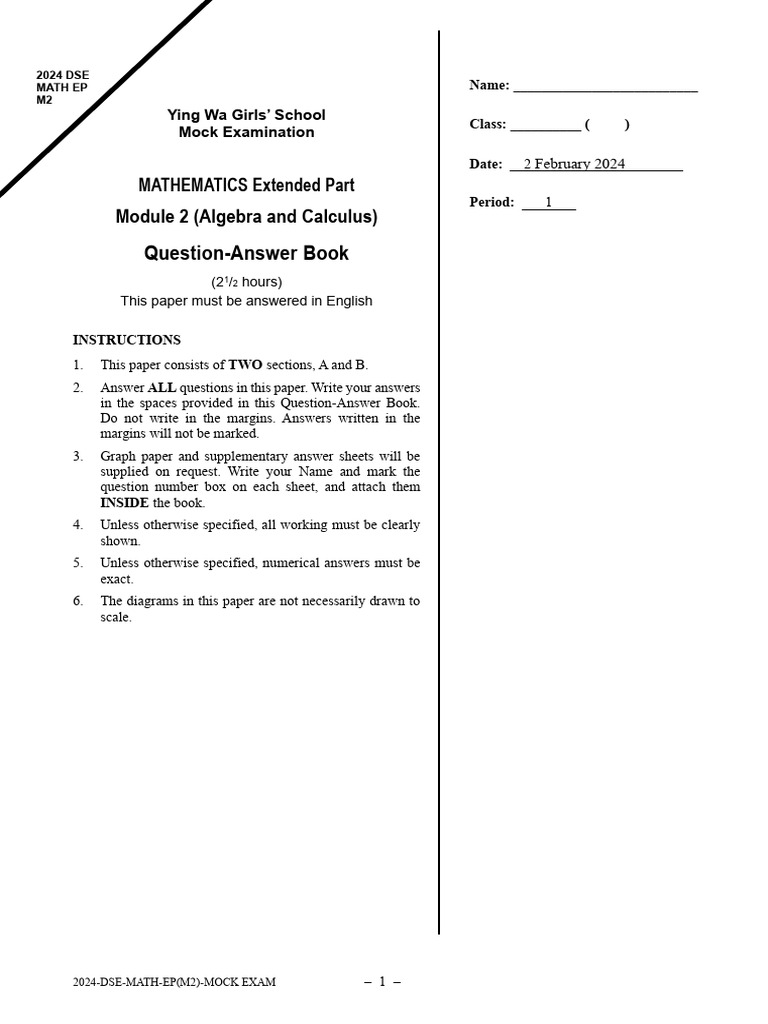 MATHEMATICS Extended Part Module 2 (Algebra and Calculus) : Question ...