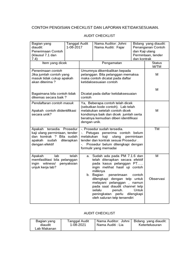 Contoh mengisi checklist audit interrnal | PDF