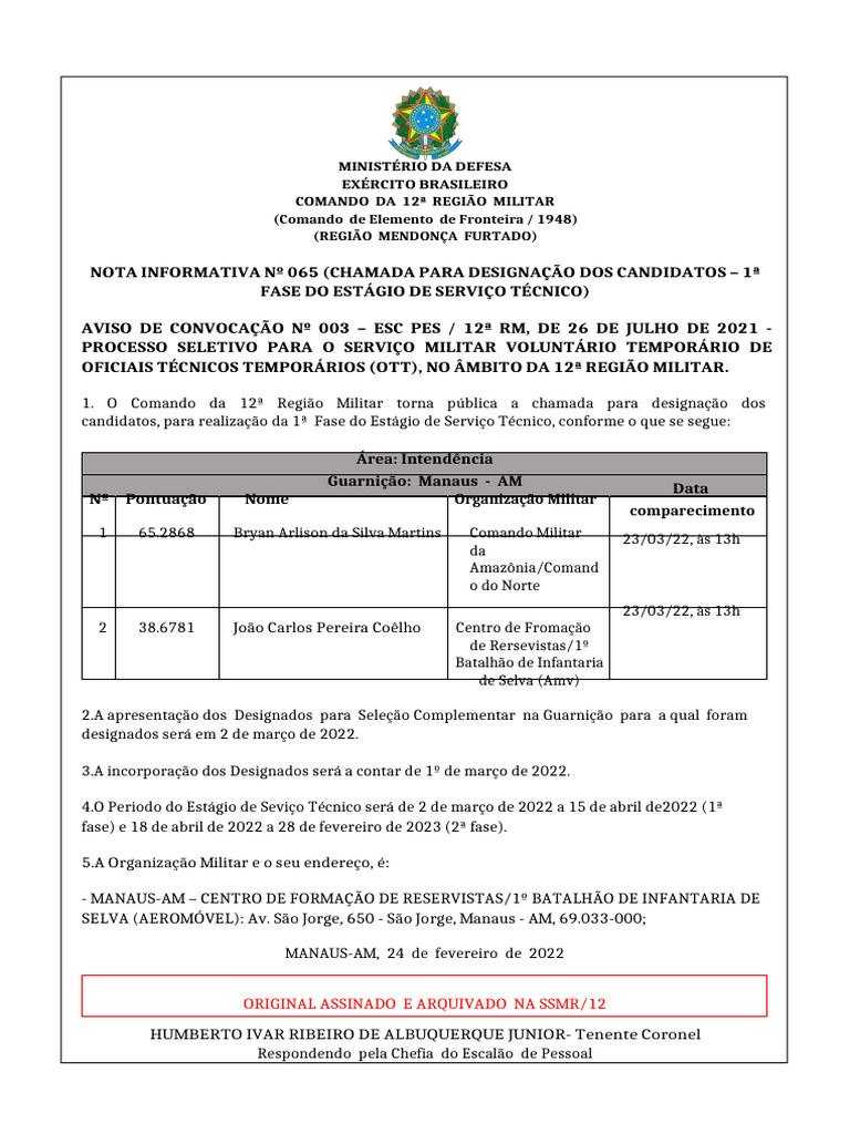 Nota Informativa N 065 - Esc Pes 12 RM de 24 Fev 22 - Chamada para Designao Dos Candidatos - 1 ...