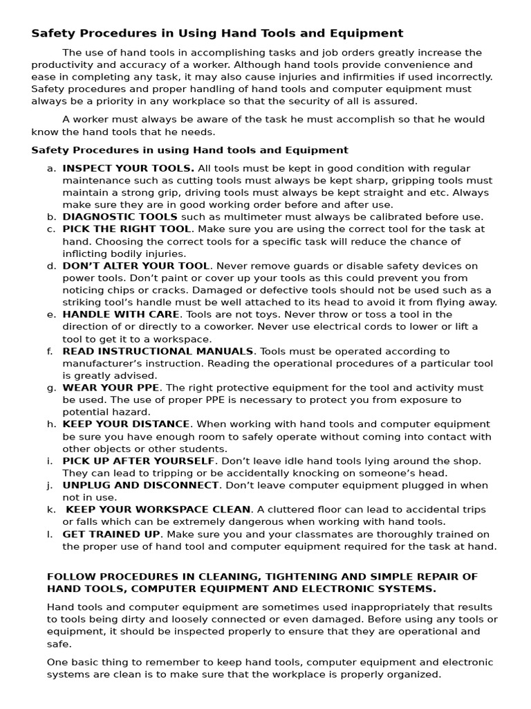 Safety Procedures in Using Hand Tools and Equipment | PDF