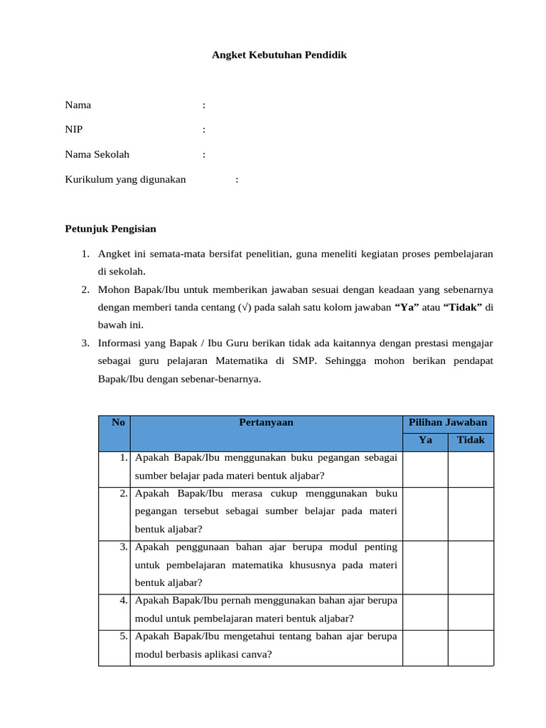 Angket Kebutuhan Guru PRAPEN | PDF