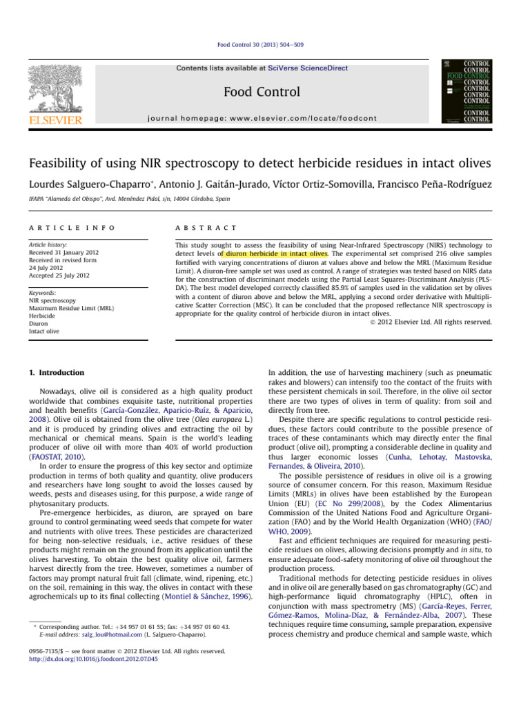 Feasibility of Using NIR Spectroscopy To Detect Herbicide Residues in Intact Olives | PDF