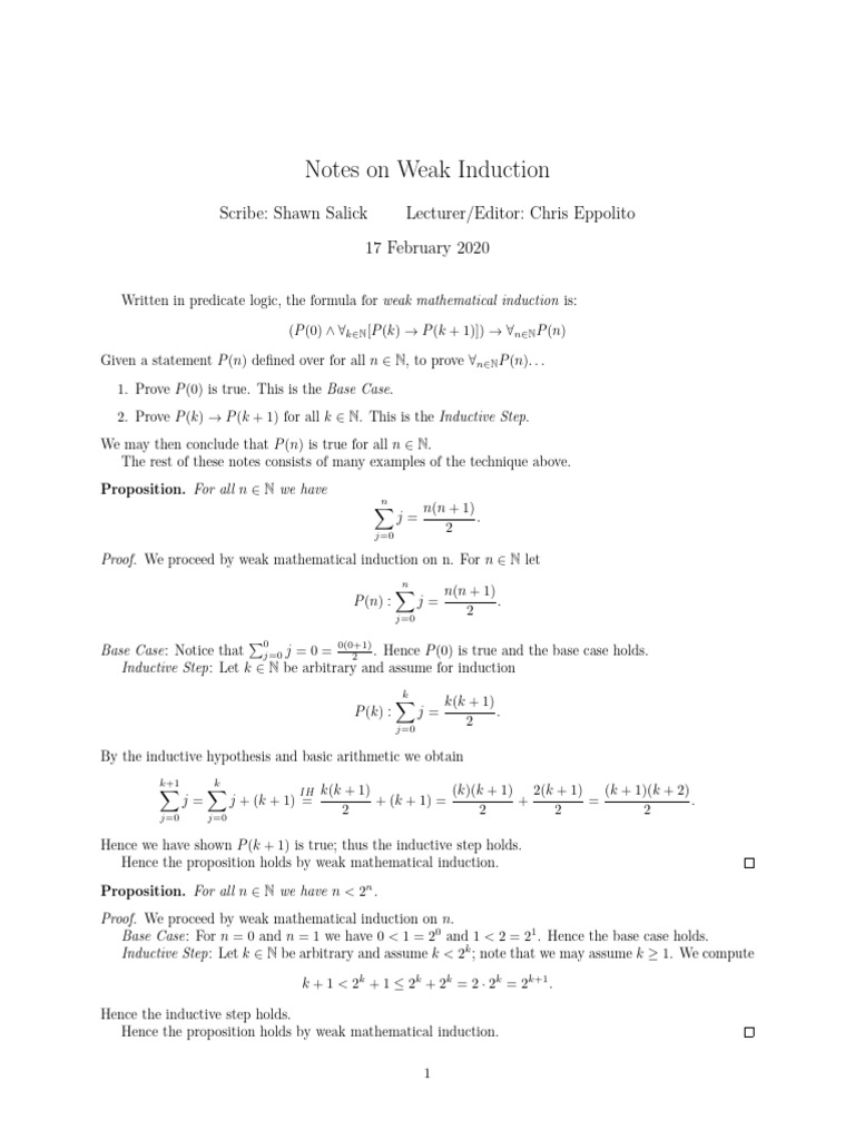 Notes Weak Induction Math314-01-s20 | PDF