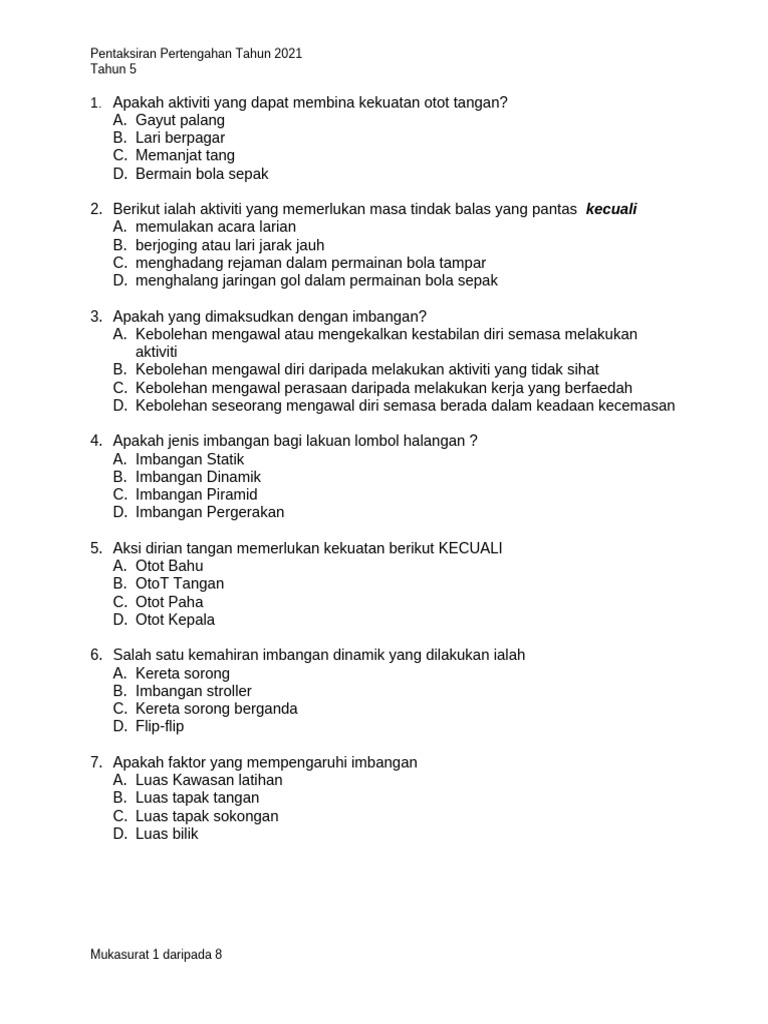 Soalan PJK Pertengahan Tahun 2021 | PDF