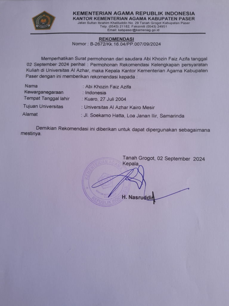 Surat Rekomendasi 03-Sep-2024 10-10-33 | PDF