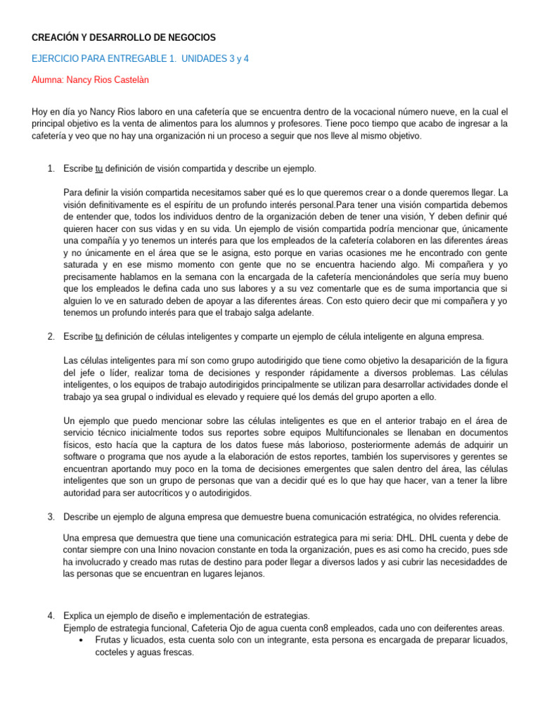 Ejercicios para Entregable 1 Creacion Yu Desarrollo de Negocios | PDF | Business | Crecimiento ...