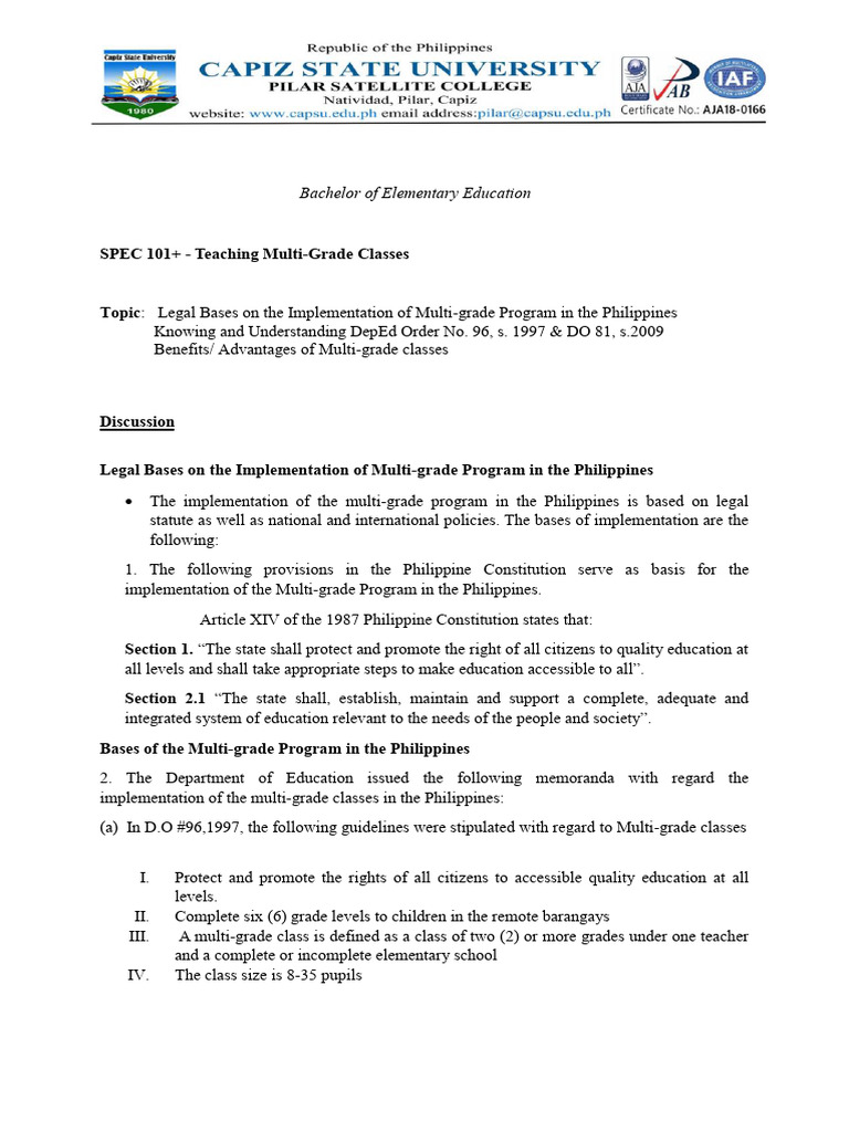 SPEC 101+ - Teaching Multi-Grade Classes Topic: Bachelor of Elementary ...