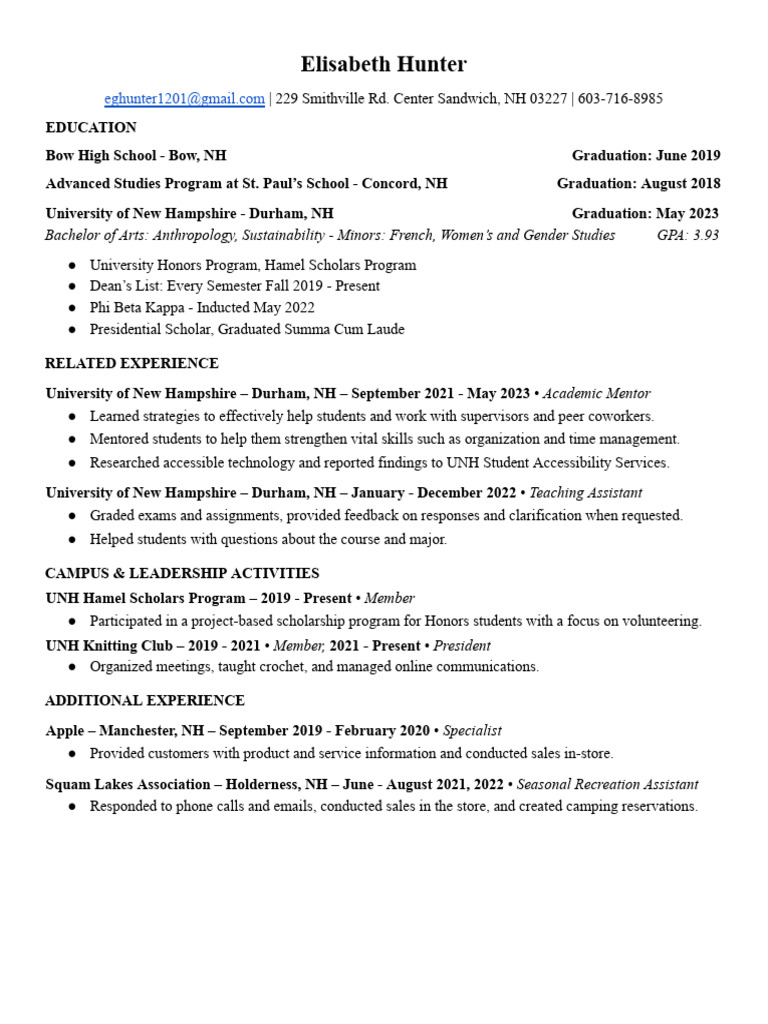 Cv Elisabeth Hunter | PDF