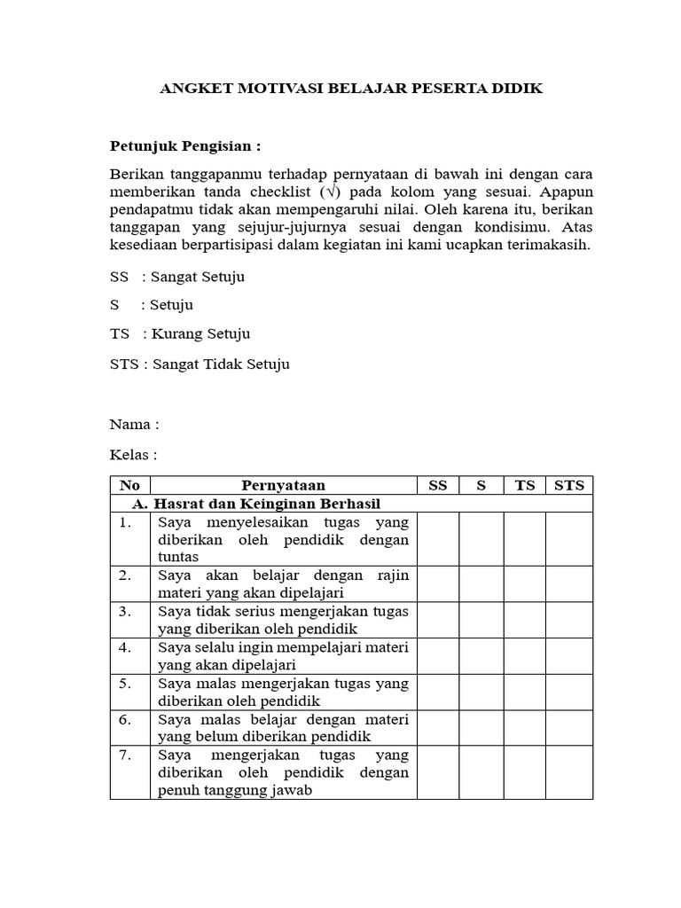 Angket Motivasi Belajar Siswa | PDF