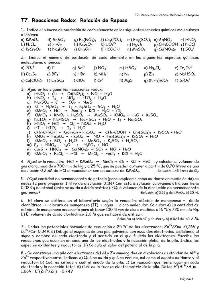 T7 Reacciones Redox - Problemas Repaso | PDF