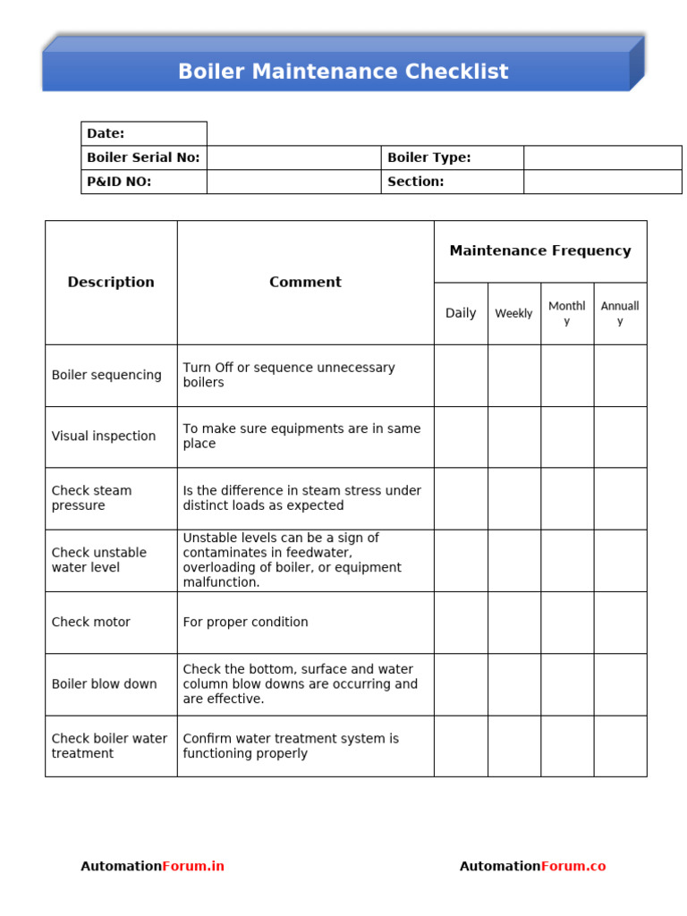 Boiler Maintenance Checklist 1 | PDF | Boiler | Technology & Engineering
