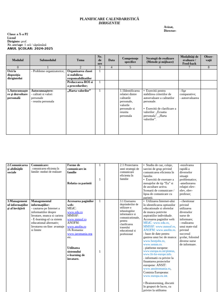 Planificare Dirigentie Clasa A 10 | PDF