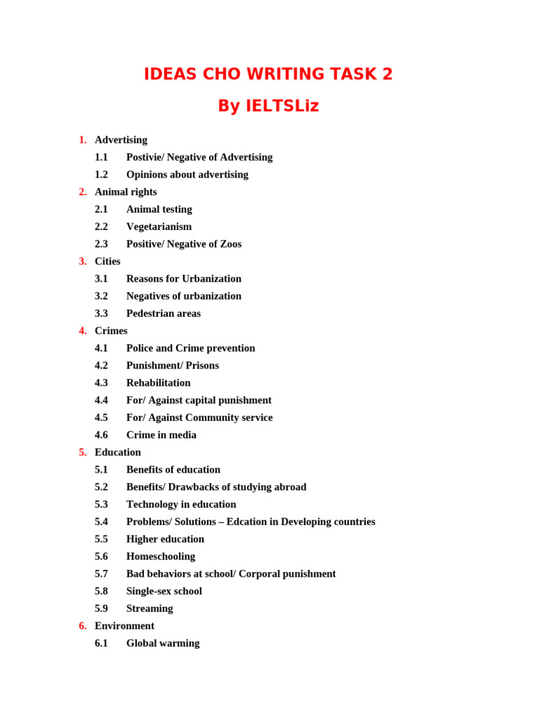 Ideas For Writing Task 2 - IELTS Liz | PDF