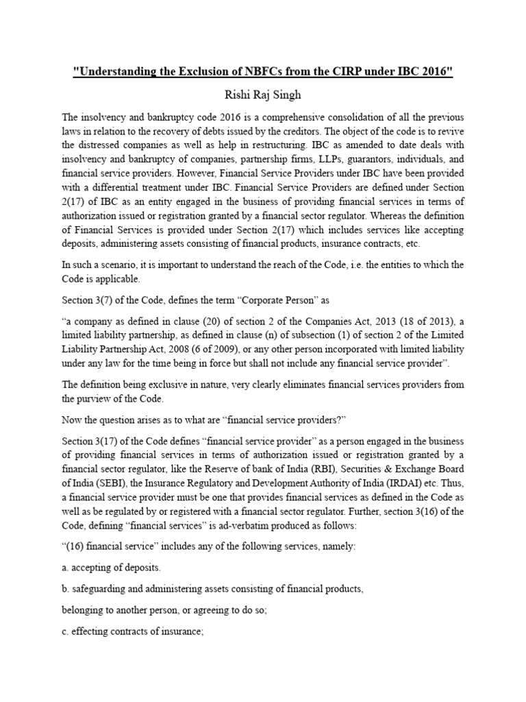 Understanding The Exclusion of NBFCs From The CIRP Under IBC 2016 | PDF
