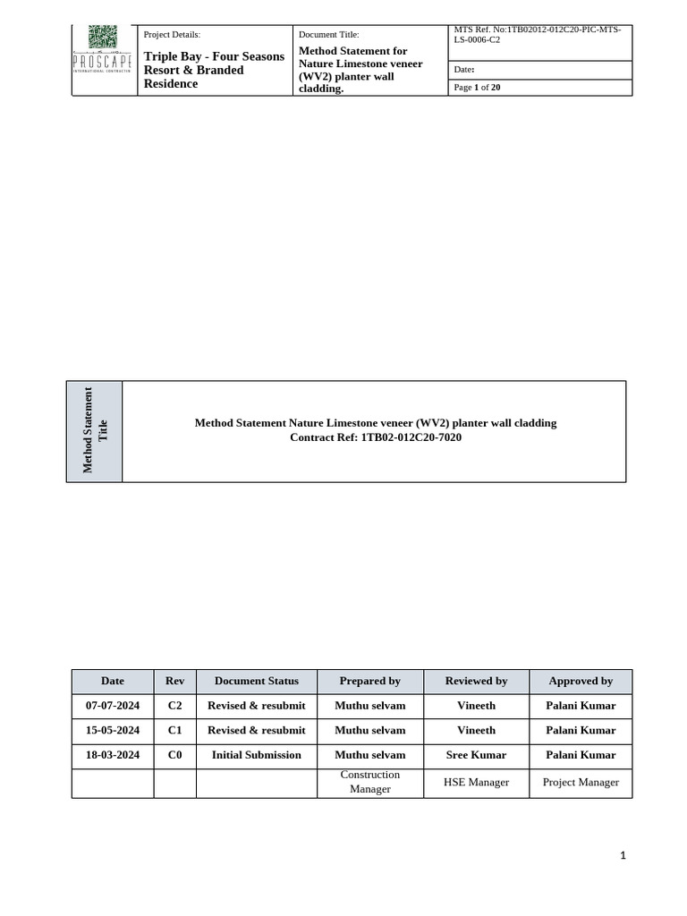 Method Statement for Nature Limestone Veneer (WV2) Planter Wall Cladding. | PDF