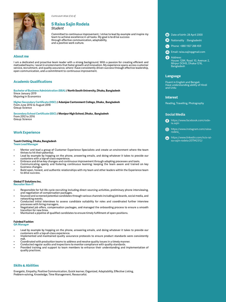 S Raisa Sajin Rodela - CV 2 24 | PDF | Bangladesh | Quality Assurance