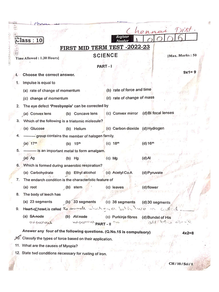 10th Science EM 1st Mid Term Exam 2022 2024 Question Paper Chennai District English Medium PDF ...