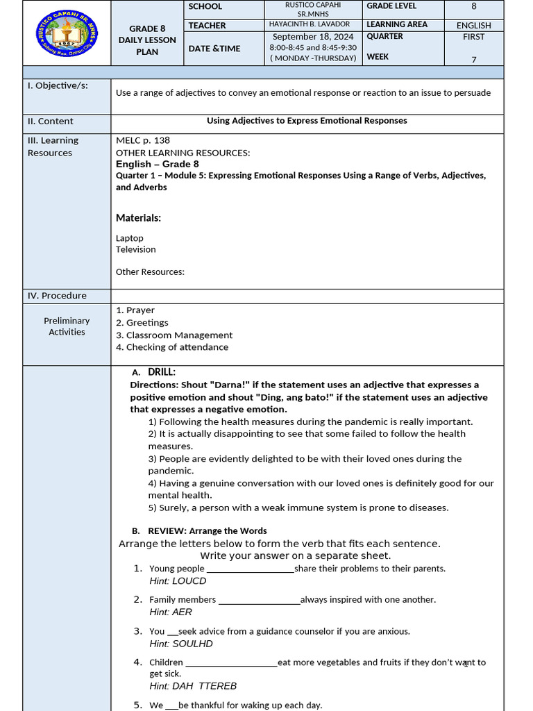 Grade 8 English Lesson Plan: Adjectives | PDF | Linguistic Typology | Languages