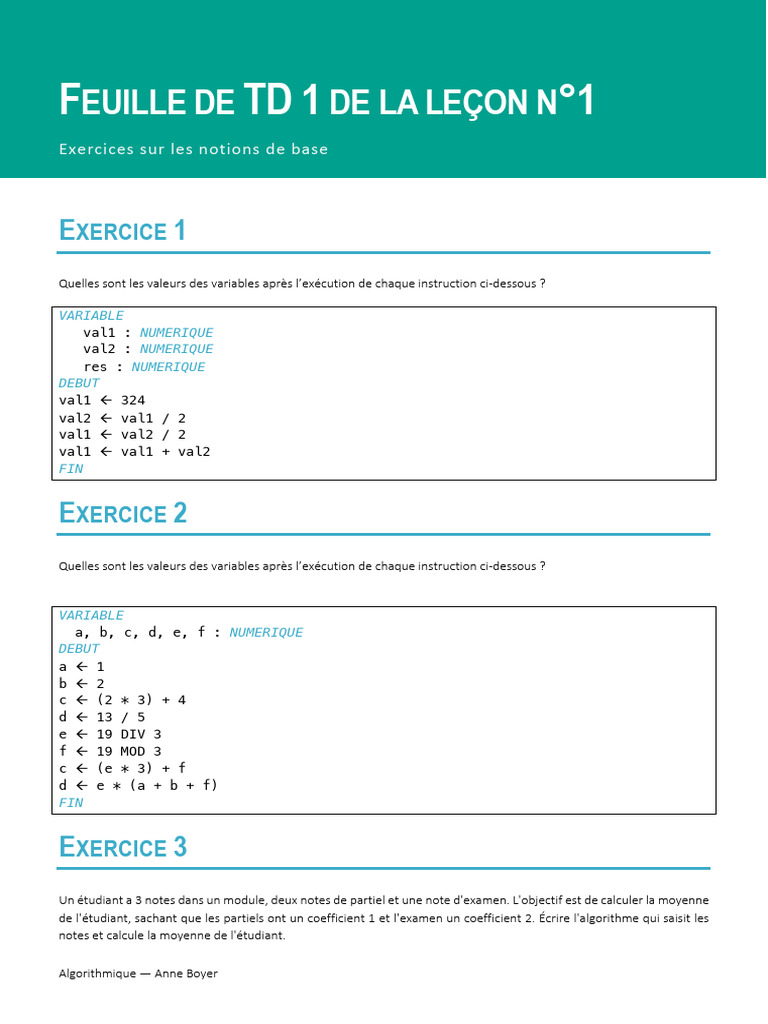 Feuille TD1 Lecon 1 | PDF