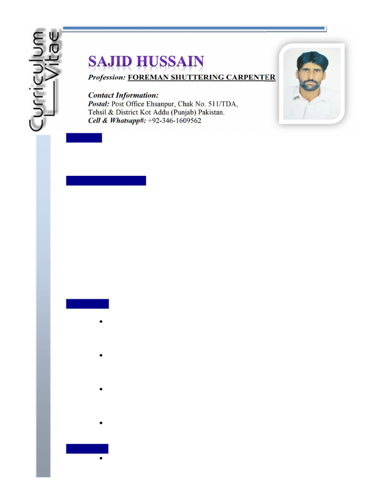 Sajid Hussain SO Muhammad Sadiq Naseem CV Foreman Shuttering, 03422498640 | PDF