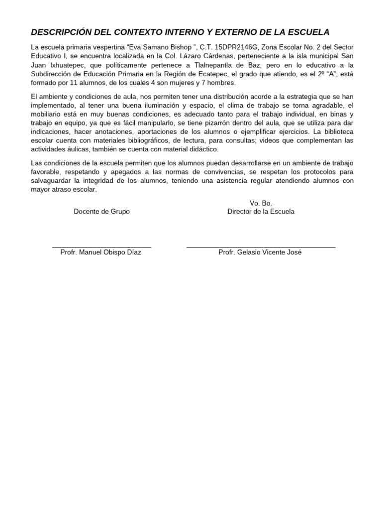 Descripción Del Contexto Interno y Externo de La Escuela e ...