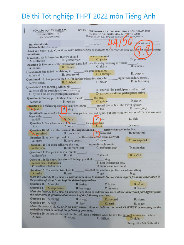 2 Đề Thi Tốt Nghiệp THPT 2022 Môn Tiếng Anh | PDF