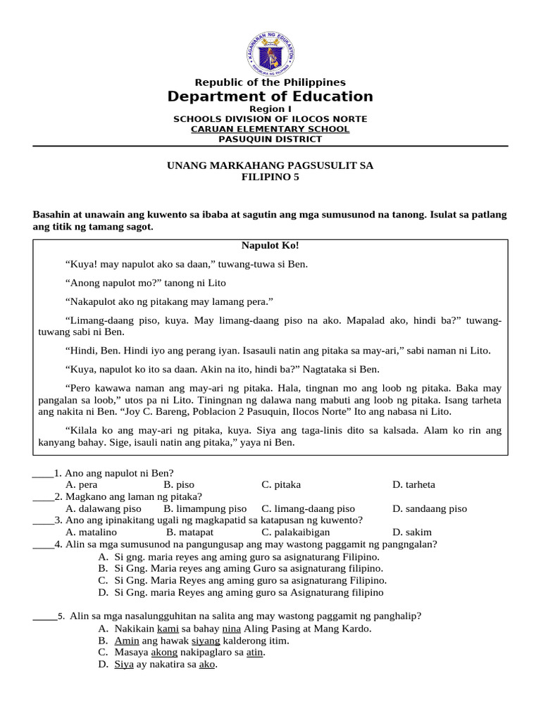 FILIPINO 5 Unang Markahan FINAL | PDF