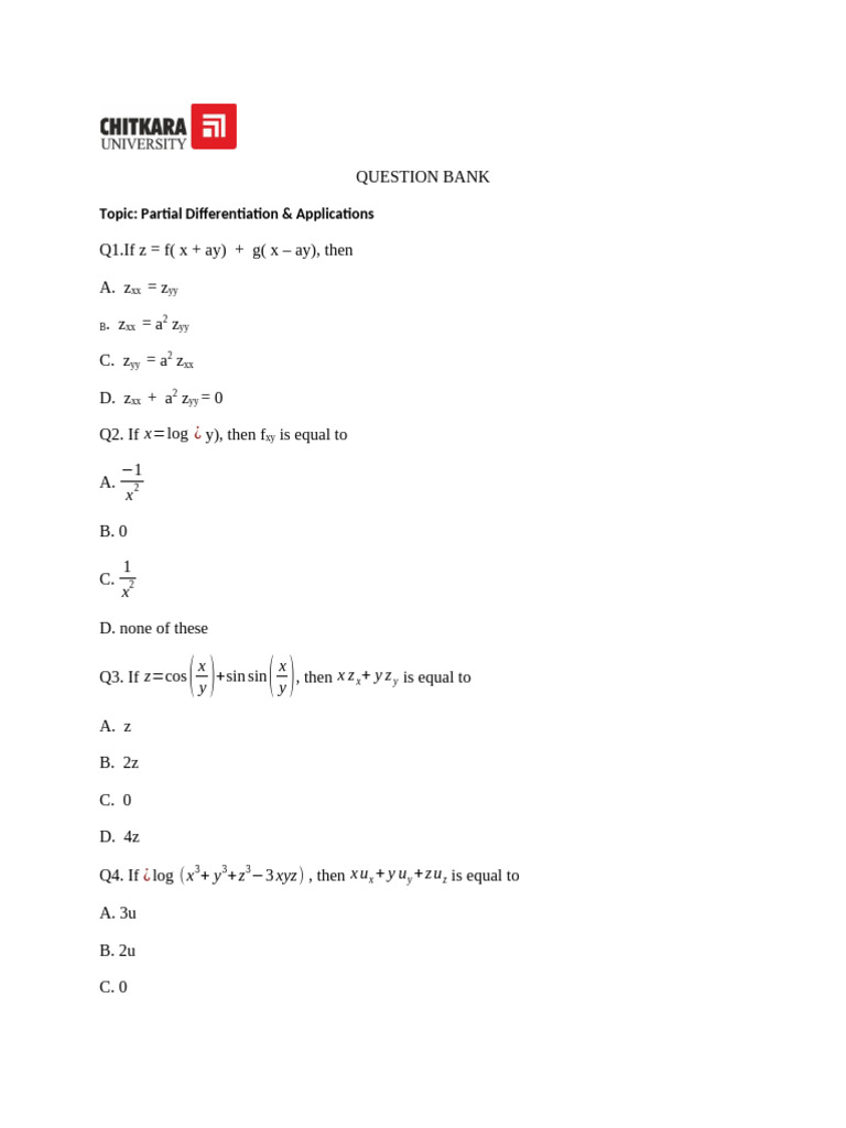 Partial Derivative MCQ's | PDF | Mathematics | Mathematical Objects
