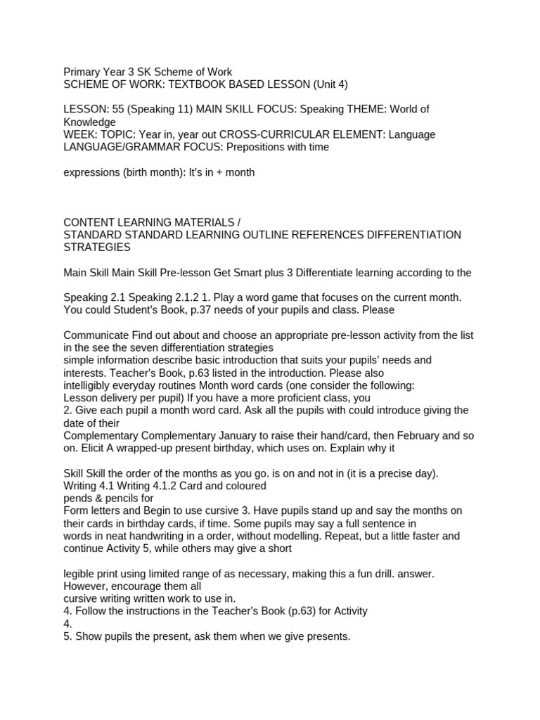 Primary Year 3 SK Scheme of Work | PDF