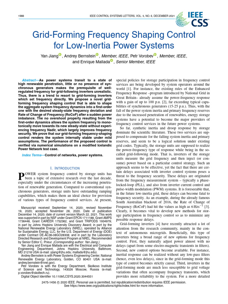 Grid-Forming Frequency Shaping Control For Low-Inertia Power Systems | PDF