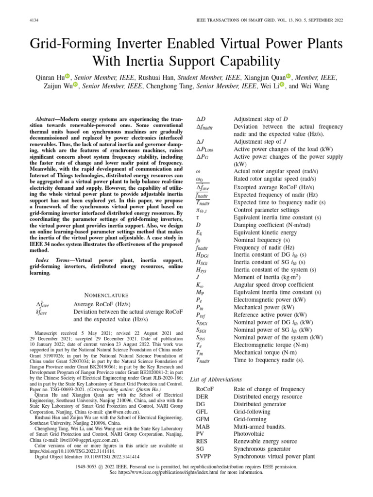 Grid-Forming Inverter Enabled Virtual Power Plants With Inertia Support Capability | PDF