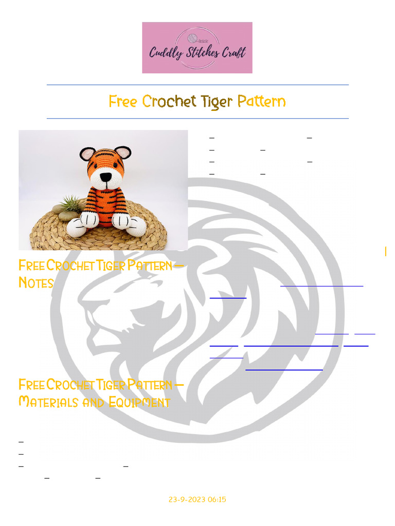 Cuddly Stitches Craft - 2023 09 Free Crochet Tiger Pattern | PDF