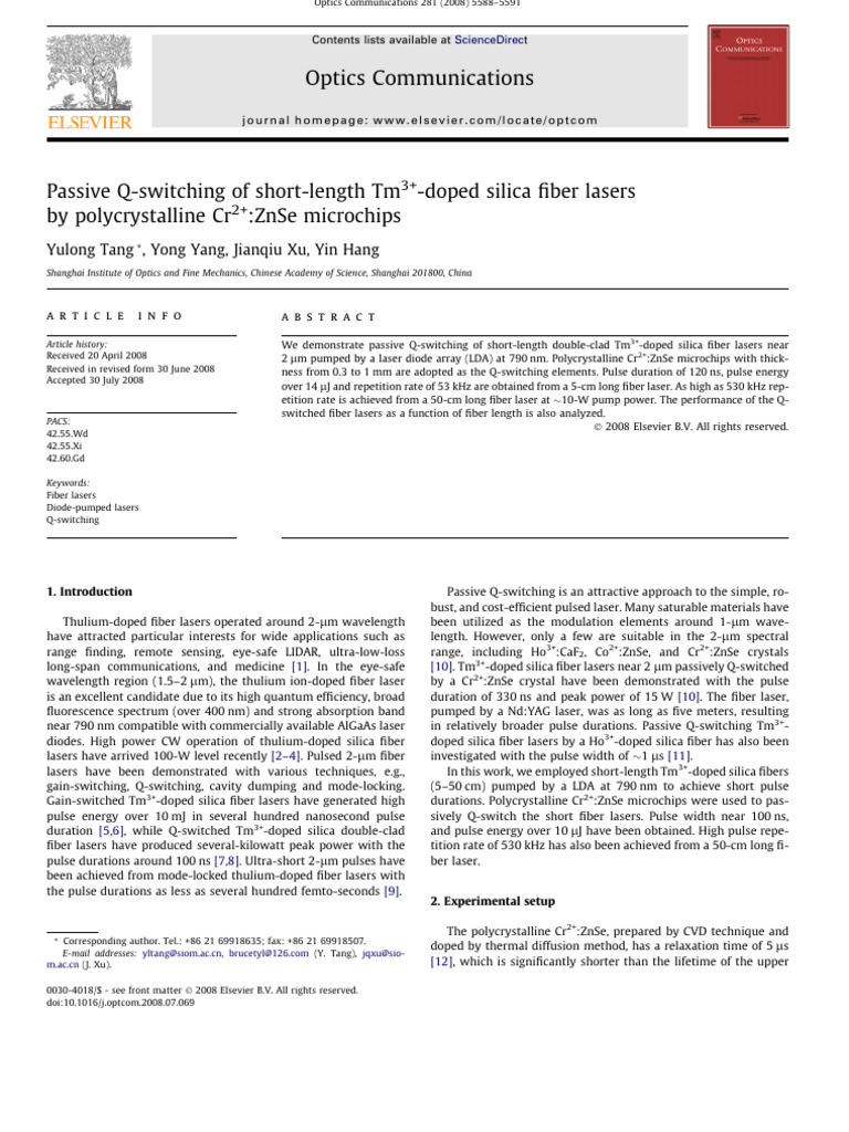 Optics Communications: Yulong Tang, Yong Yang, Jianqiu Xu, Yin Hang | PDF | Laser | Optical Fiber