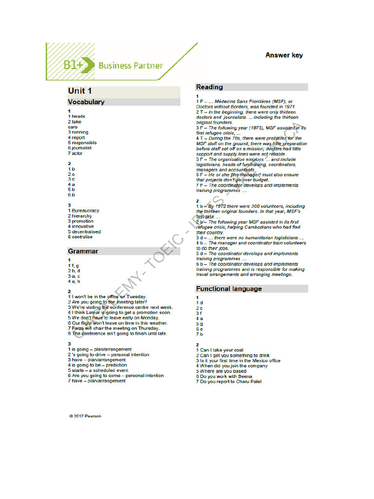 B1 Business Partner Workbook Answer Key | PDF