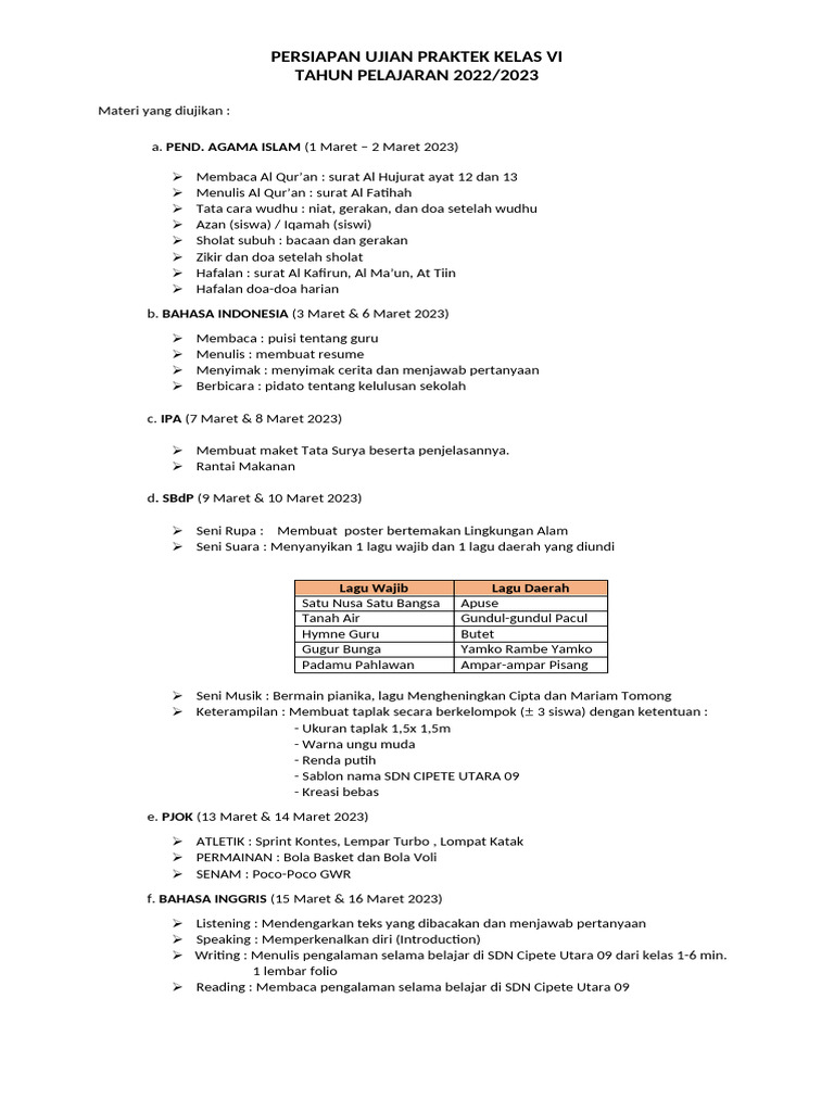 Persiapan Ujian Praktek Kelas Via | PDF