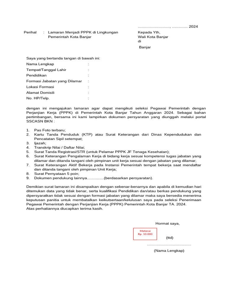 Contoh Format Surat Untuk Seleksi PPPK (Lampiran Ii) | PDF