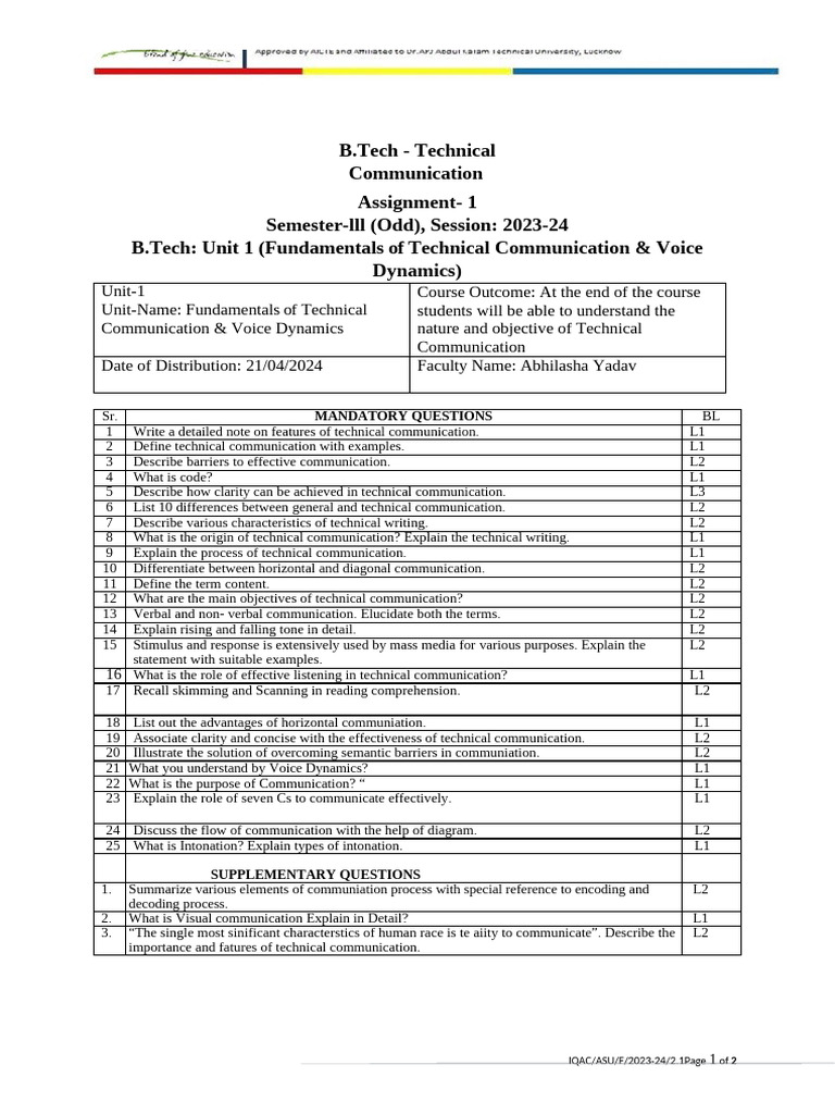 Technical Communication - Assignment-1 BAS 401 | PDF