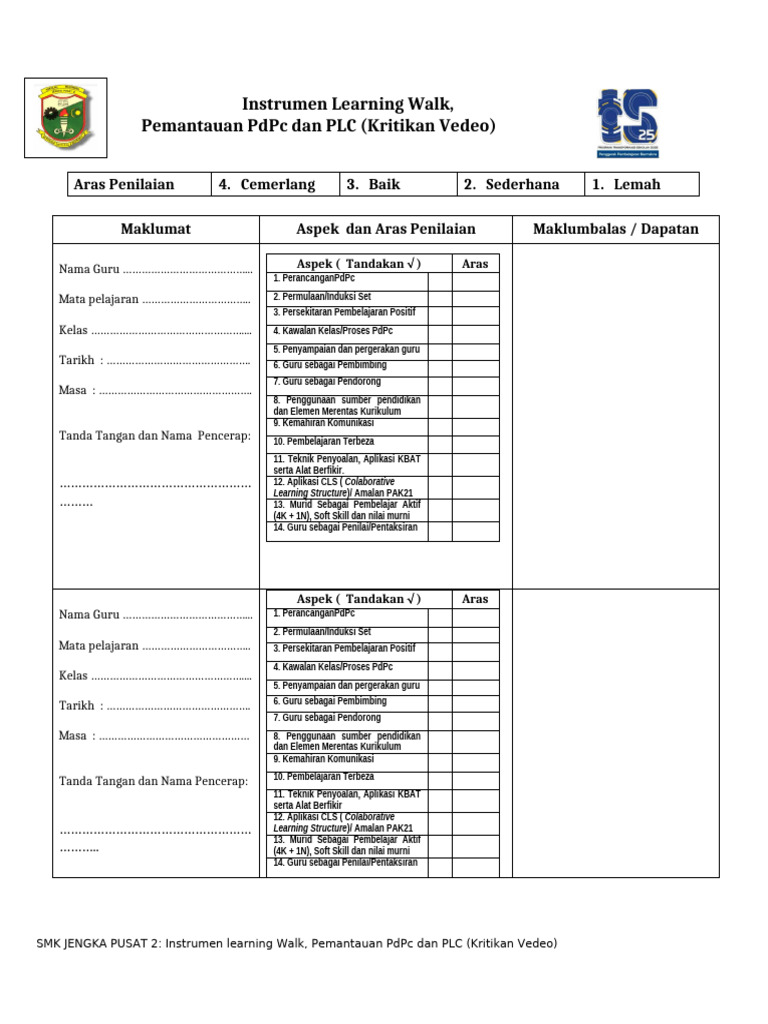 INSTRUMEN LEARNING WALK PEMANTAUAN PDPC Dan PLC VEDEO CRITIC RUSLY | PDF