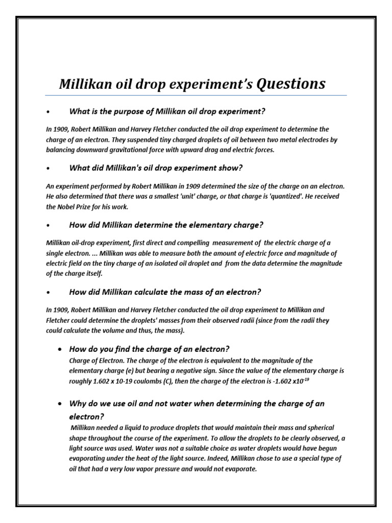 Millikan Oil Drop Experiment Questions | PDF