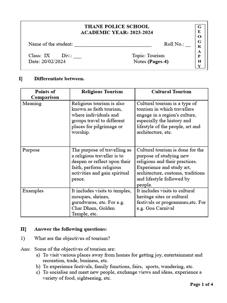 Class 9-Geography-Tourism (Notes) | PDF