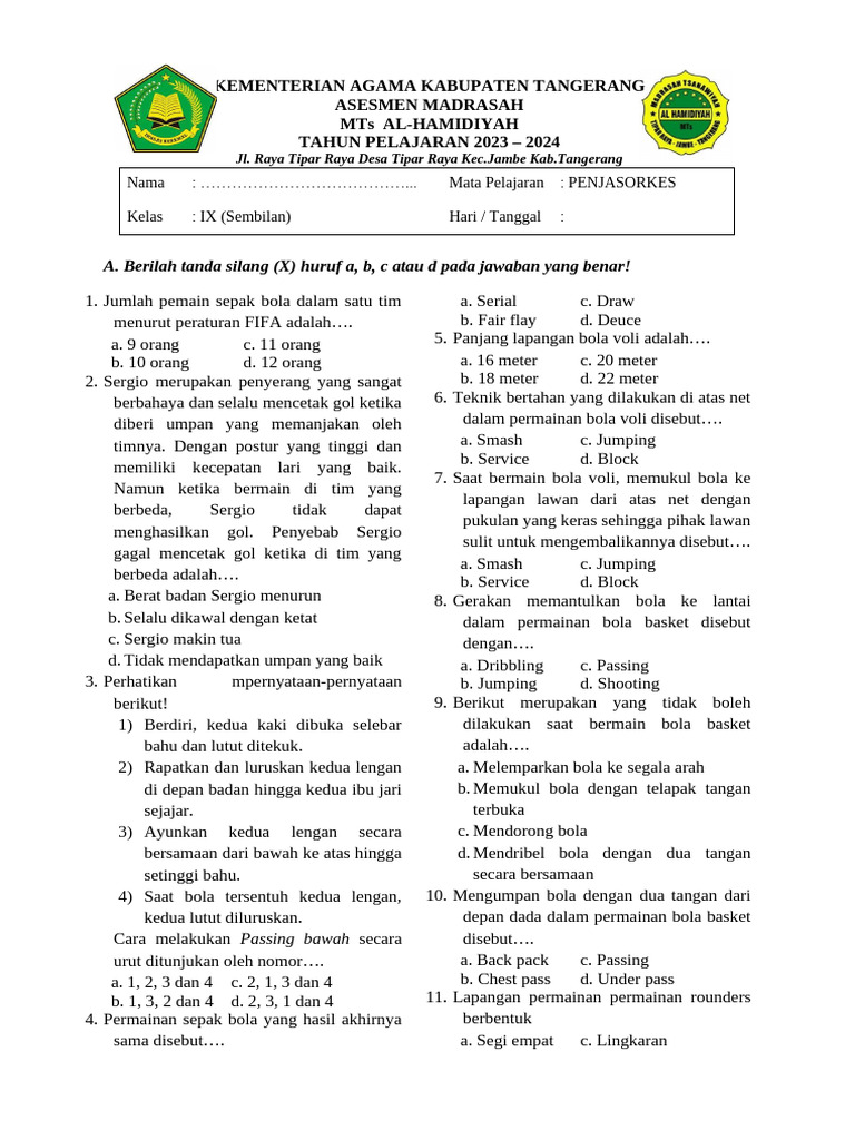 SOAL AM KLS 9 PJOK 2023-2024 | PDF