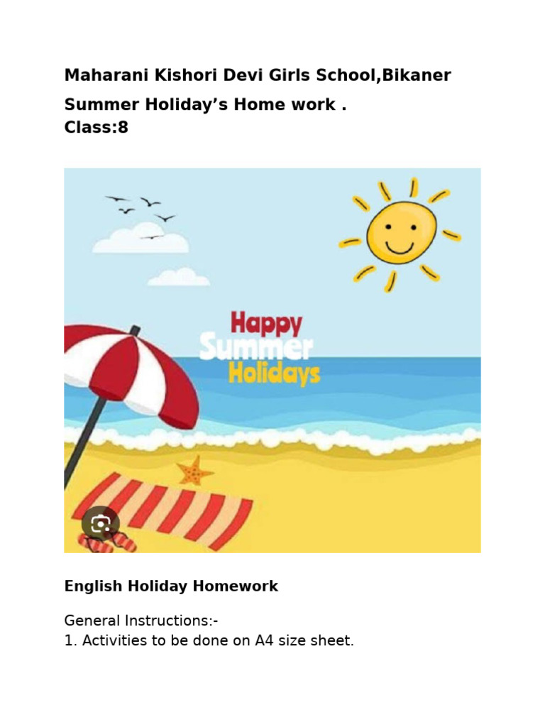 Class 8 Holiday Homework (2024-25) | PDF