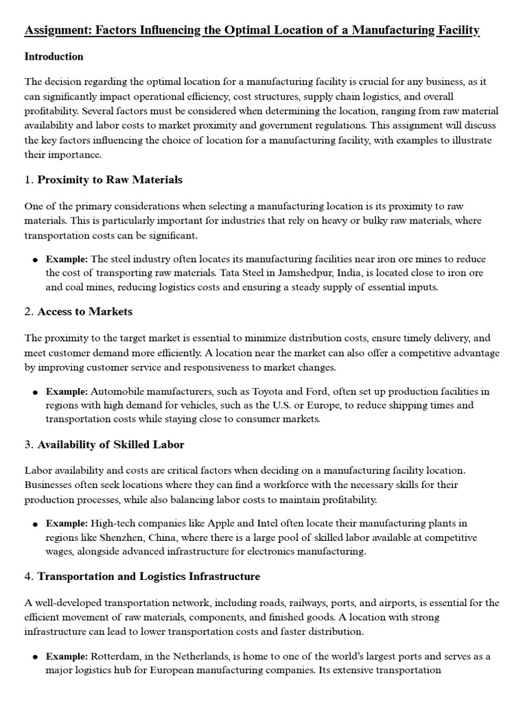 Assignment Factors Influencing The Optimal Location of A Manufacturing ...