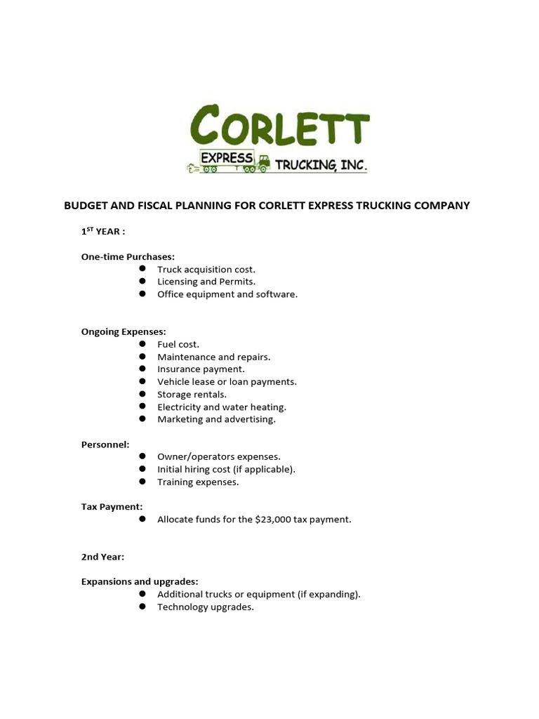 Budget and Fiscal Planning For Corlett Express Tru | PDF