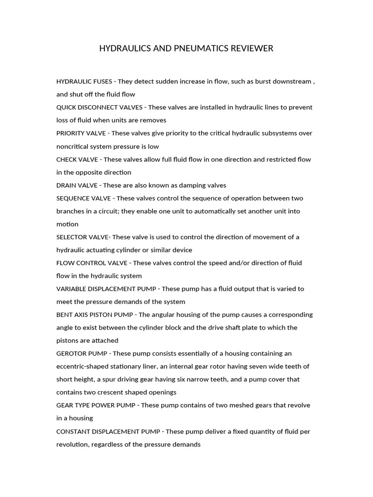 Hydraulics and Pneumatics Reviewer | PDF | Pump | Technology & Engineering